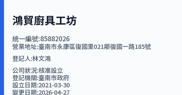 鴻貿廚具工坊的照片-統編 85882026(臺南市) 公司登記資料與營業項目詳細圖表