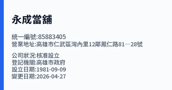 永成當舖的照片-統編 85883405(高雄市) 公司登記資料與營業項目詳細圖表