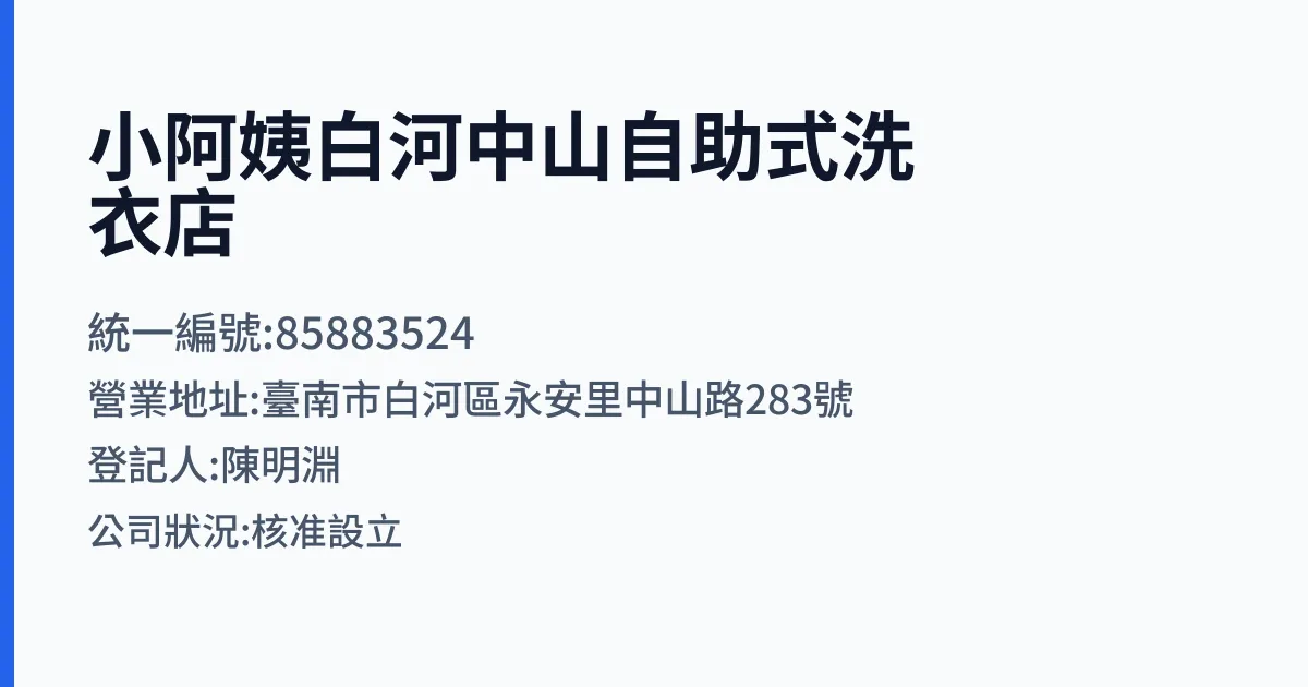 小阿姨白河中山自助式洗衣店 - 統編 85883524(臺南市) 公司登記資料與營業項目詳細圖表