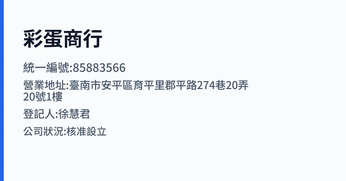 彩蛋商行 - 統編 85883566(臺南市) 公司登記資料與營業項目詳細圖表