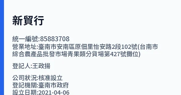 新貿行的照片-統編 85883708(臺南市) 公司登記資料與營業項目詳細圖表