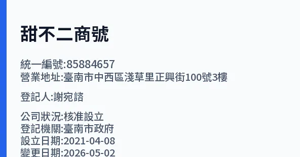 甜不二商號的照片-統編 85884657(臺南市) 公司登記資料與營業項目詳細圖表