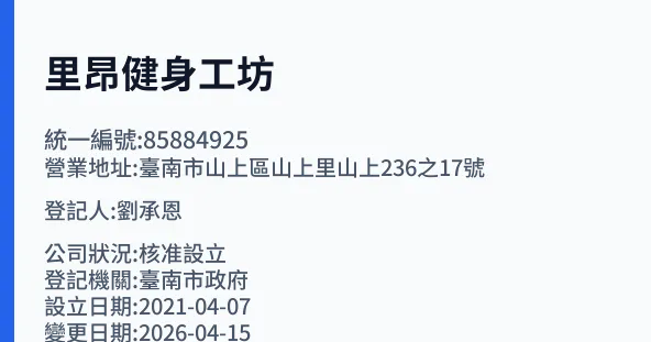 里昂健身工坊的照片-統編 85884925(臺南市) 公司登記資料與營業項目詳細圖表