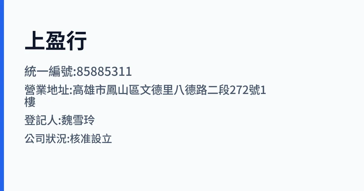 上盈行 - 統編 85885311(高雄市) 公司登記資料與營業項目詳細圖表