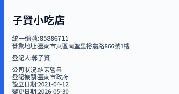 子賢小吃店的照片-統編 85886711(臺南市) 公司登記資料與營業項目詳細圖表