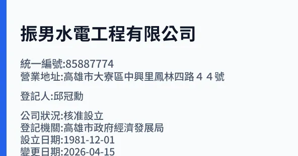 振男水電工程有限公司的照片-統編 85887774(高雄市) 公司登記資料與營業項目詳細圖表