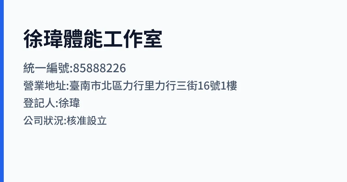 徐瑋體能工作室 - 統編 85888226(臺南市) 公司登記資料與營業項目詳細圖表
