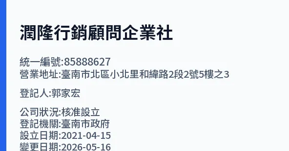 潤隆行銷顧問企業社的照片-統編 85888627(臺南市) 公司登記資料與營業項目詳細圖表