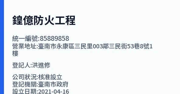 鍠億防火工程的照片-統編 85889858(臺南市) 公司登記資料與營業項目詳細圖表
