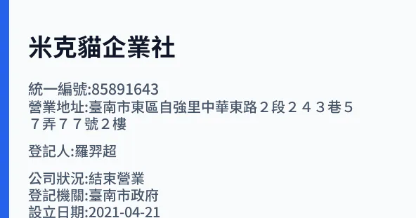 米克貓企業社的照片-統編 85891643(臺南市) 公司登記資料與營業項目詳細圖表