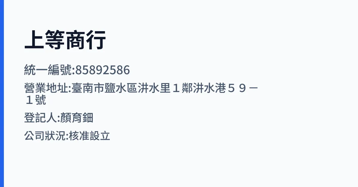上等商行 - 統編 85892586(臺南市) 公司登記資料與營業項目詳細圖表