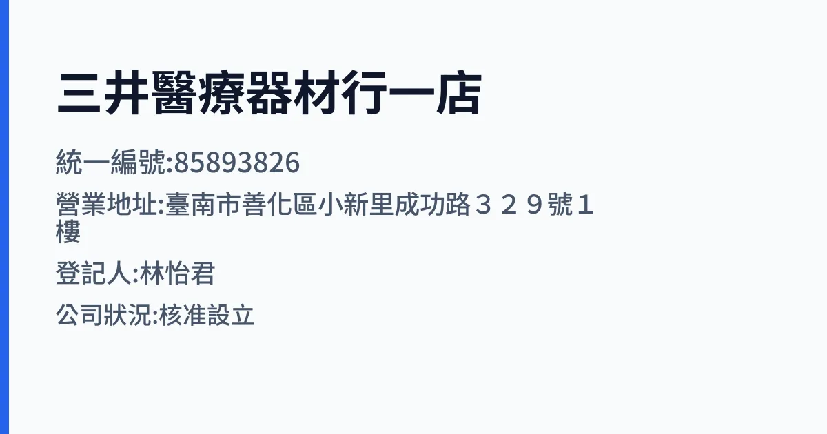 三井醫療器材行一店 - 統編 85893826(臺南市) 公司登記資料與營業項目詳細圖表