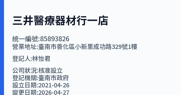 三井醫療器材行一店的照片-統編 85893826(臺南市) 公司登記資料與營業項目詳細圖表