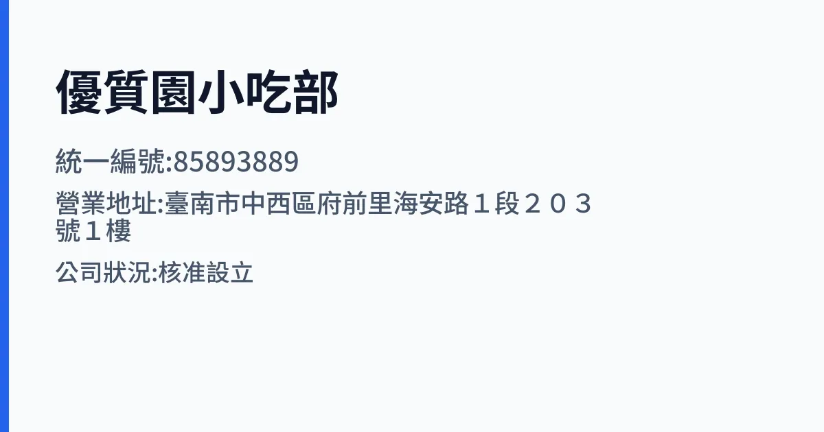 優質園小吃部 - 統編 85893889(臺南市) 公司登記資料與營業項目詳細圖表