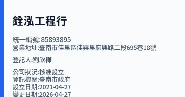 銓泓工程行的照片-統編 85893895(臺南市) 公司登記資料與營業項目詳細圖表