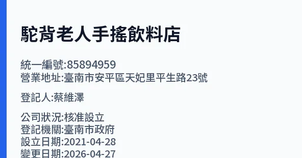 駝背老人手搖飲料店的照片-統編 85894959(臺南市) 公司登記資料與營業項目詳細圖表