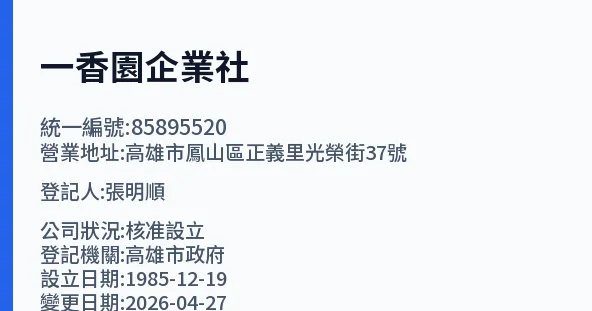 一香園企業社的照片-統編 85895520(高雄市) 公司登記資料與營業項目詳細圖表