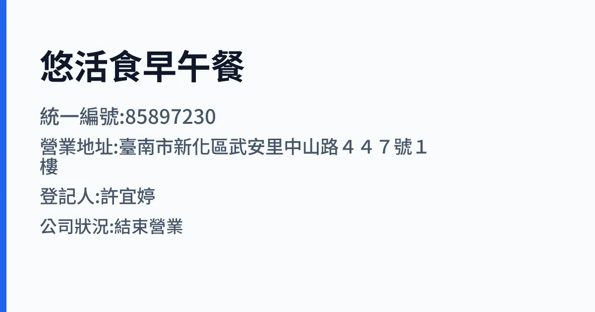悠活食早午餐 - 統編 85897230(臺南市) 公司登記資料與營業項目詳細圖表