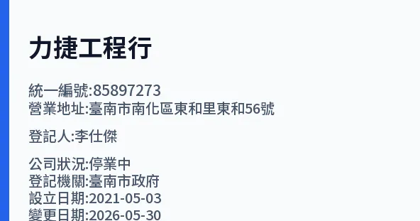 力捷工程行的照片-統編 85897273(臺南市) 公司登記資料與營業項目詳細圖表