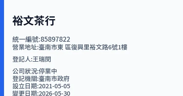 裕文茶行的照片-統編 85897822(臺南市) 公司登記資料與營業項目詳細圖表