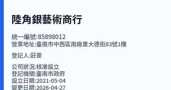 陸角銀藝術商行的照片-統編 85898012(臺南市) 公司登記資料與營業項目詳細圖表
