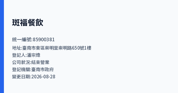 斑福餐飲的照片-統編 85900381(臺南市) 公司登記資料與營業項目詳細圖表