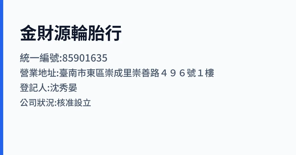 金財源輪胎行 - 統編 85901635(臺南市) 公司登記資料與營業項目詳細圖表