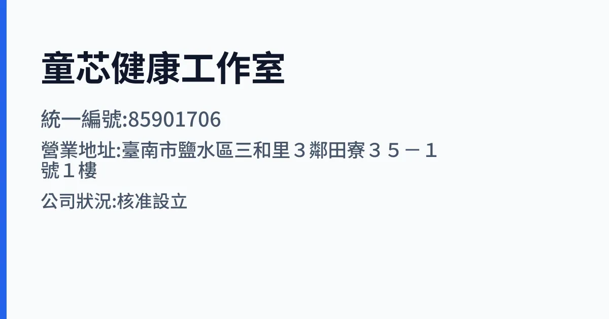 童芯健康工作室 - 統編 85901706（臺南市） 公司登記資料與營業項目詳細圖表