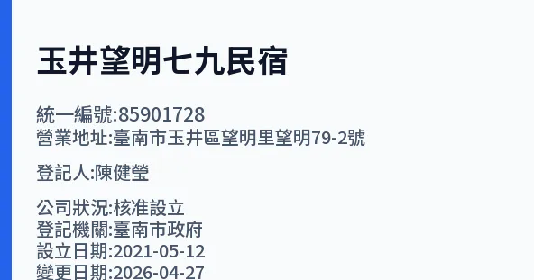 玉井望明七九民宿的照片-統編 85901728(臺南市) 公司登記資料與營業項目詳細圖表