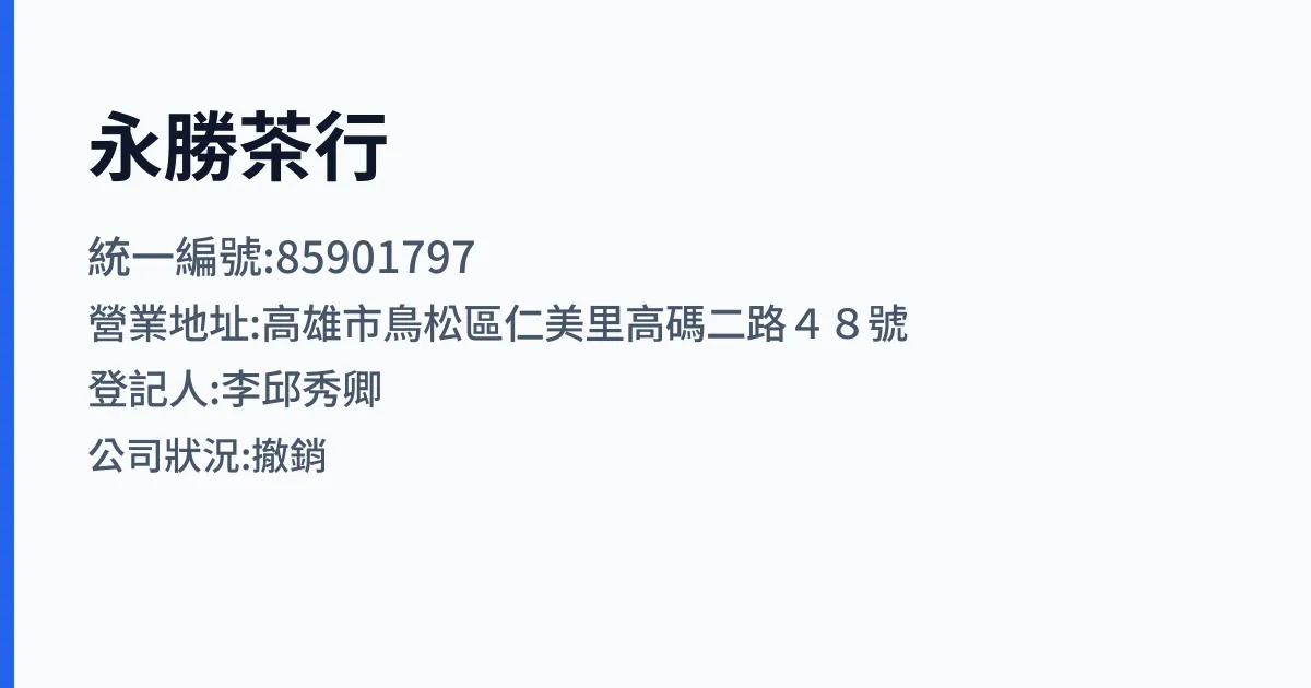 永勝茶行 - 統編 85901797(高雄市) 公司登記資料與營業項目詳細圖表