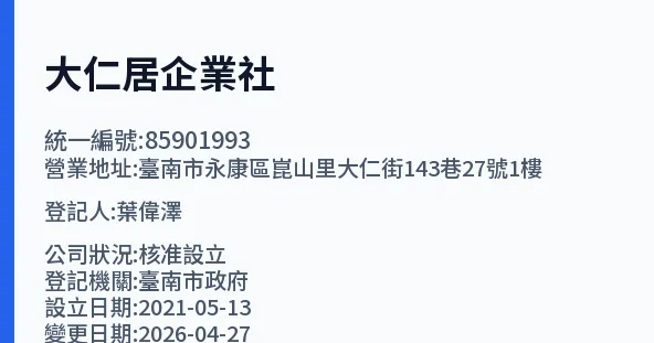 大仁居企業社的照片-統編 85901993(臺南市) 公司登記資料與營業項目詳細圖表