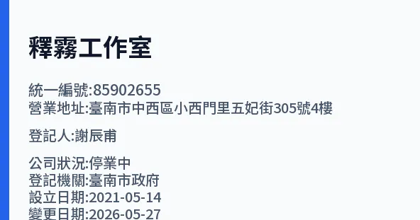 釋霧工作室的照片-統編 85902655(臺南市) 公司登記資料與營業項目詳細圖表
