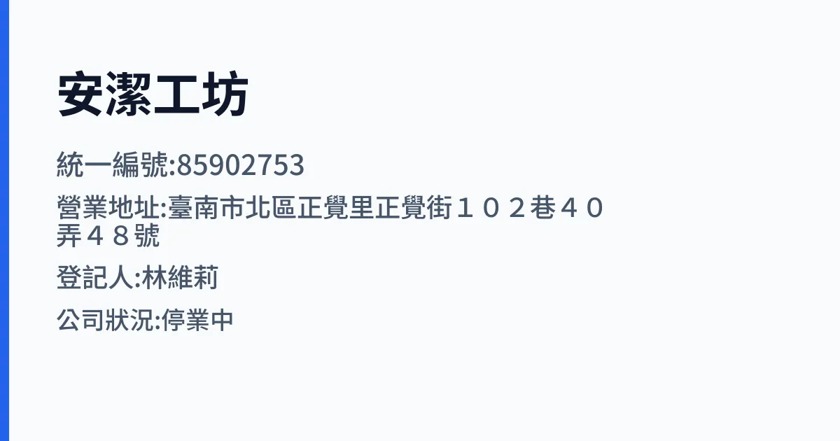 安潔工坊 - 統編 85902753(臺南市) 公司登記資料與營業項目詳細圖表
