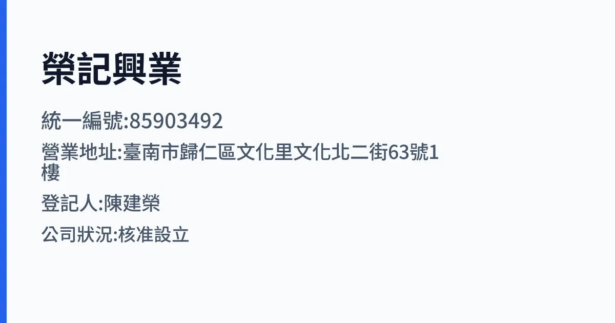 榮記興業 - 統編 85903492(臺南市) 公司登記資料與營業項目詳細圖表