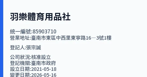 羽樂體育用品社的照片-統編 85903710(臺南市) 公司登記資料與營業項目詳細圖表