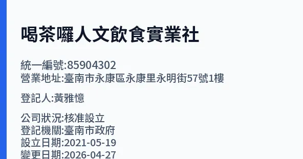 喝茶囉人文飲食實業社的照片-統編 85904302(臺南市) 公司登記資料與營業項目詳細圖表