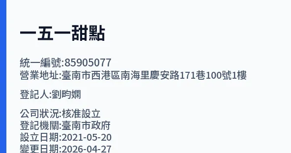 一五一甜點的照片-統編 85905077(臺南市) 公司登記資料與營業項目詳細圖表