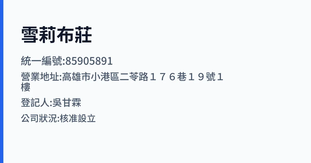 雪莉布莊 - 統編 85905891(高雄市) 公司登記資料與營業項目詳細圖表