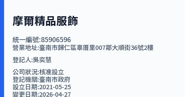摩爾精品服飾的照片-統編 85906596(臺南市) 公司登記資料與營業項目詳細圖表