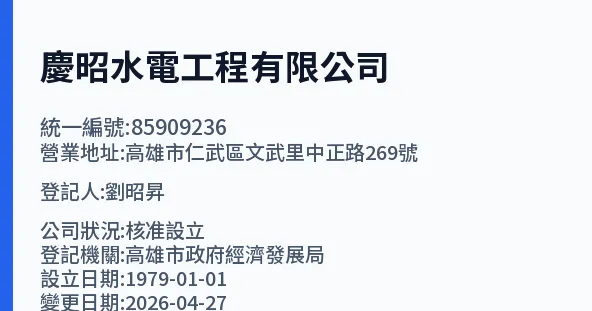 慶昭水電工程有限公司的照片-統編 85909236(高雄市) 公司登記資料與營業項目詳細圖表