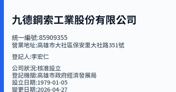 九德鋼索工業股份有限公司的照片-統編 85909355(高雄市) 公司登記資料與營業項目詳細圖表