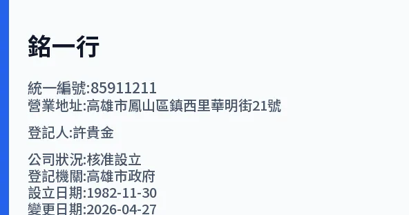 銘一行的照片-統編 85911211(高雄市) 公司登記資料與營業項目詳細圖表