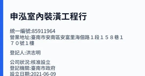 申泓室內裝潢工程行的照片-統編 85911964(臺南市) 公司登記資料與營業項目詳細圖表