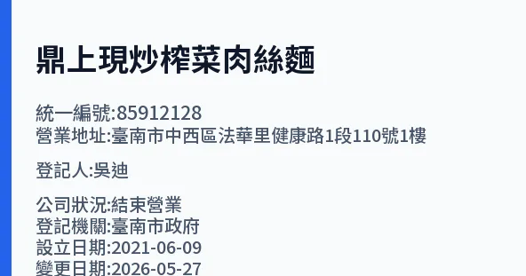 鼎上現炒榨菜肉絲麵的照片-統編 85912128(臺南市) 公司登記資料與營業項目詳細圖表