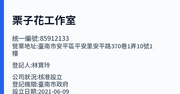 栗子花工作室的照片-統編 85912133(臺南市) 公司登記資料與營業項目詳細圖表
