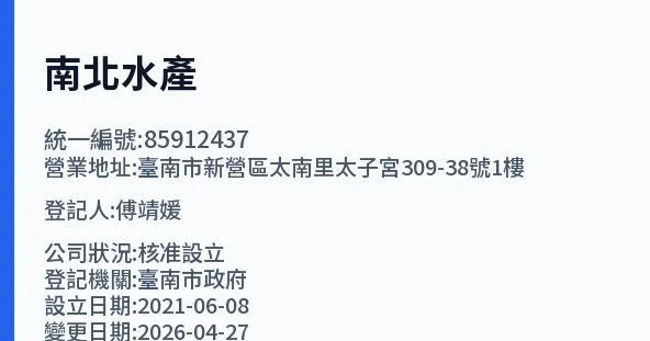南北水產的照片-統編 85912437(臺南市) 公司登記資料與營業項目詳細圖表