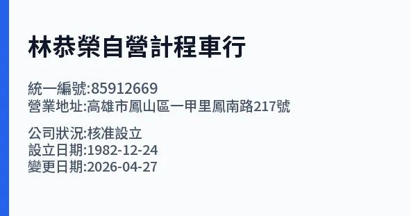 林恭榮自營計程車行的照片-統編 85912669(高雄市) 公司登記資料與營業項目詳細圖表