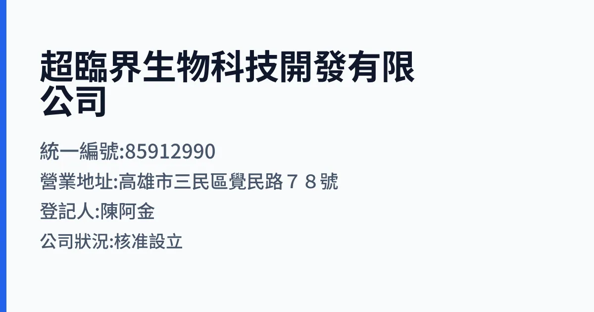 超臨界生物科技開發有限公司 - 統編 85912990(高雄市) 公司登記資料與營業項目詳細圖表