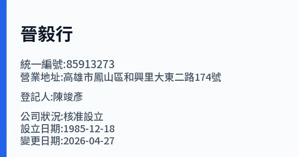 晉毅行的照片-統編 85913273(高雄市) 公司登記資料與營業項目詳細圖表
