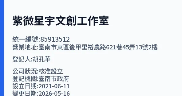 紫微星宇文創工作室的照片-統編 85913512(臺南市) 公司登記資料與營業項目詳細圖表